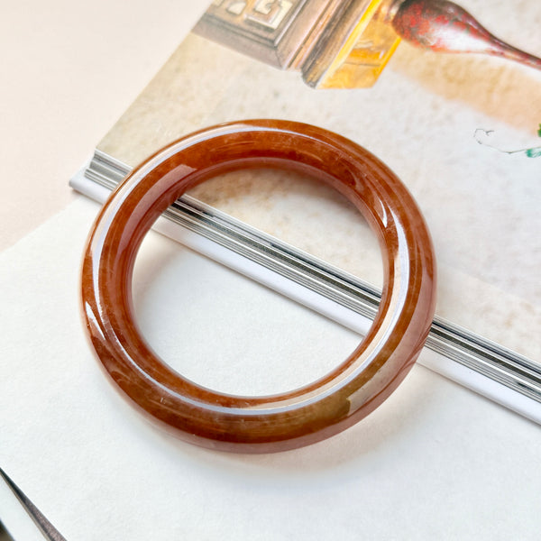 56mm A-Grade Natural Reddish Brown Jadeite Traditional Round Bangle (C ...